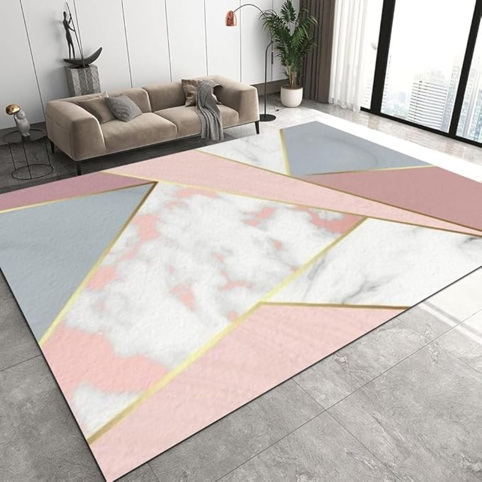Nordic Rose Gold Pink Geometry Area Rug, Modern Marble Line Art Indoor ...