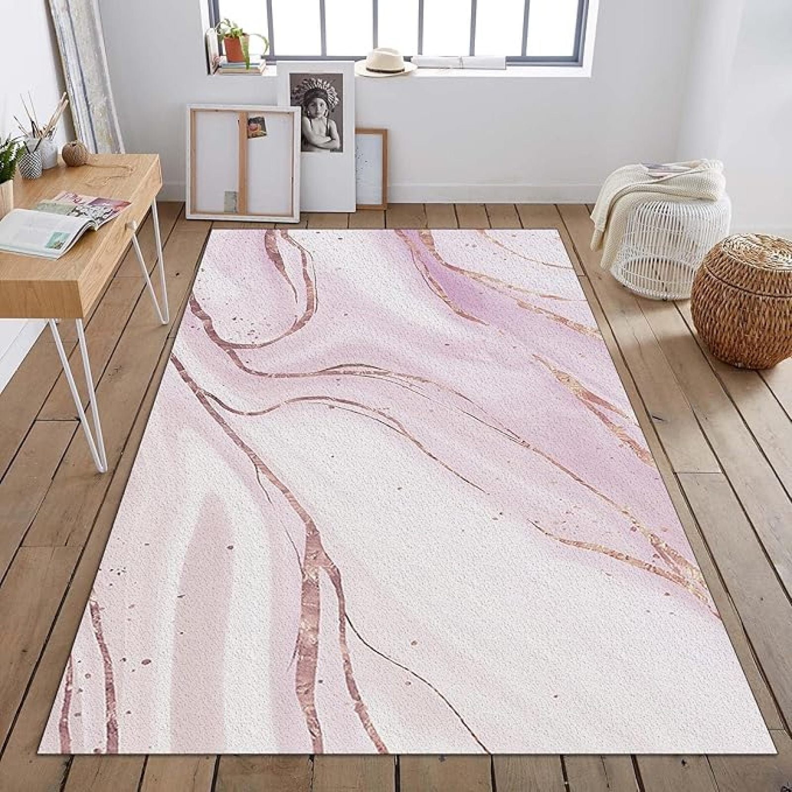 Nordic Simple Area Rugs, Abstract Golden Pink Marble Texture Bedroom ...