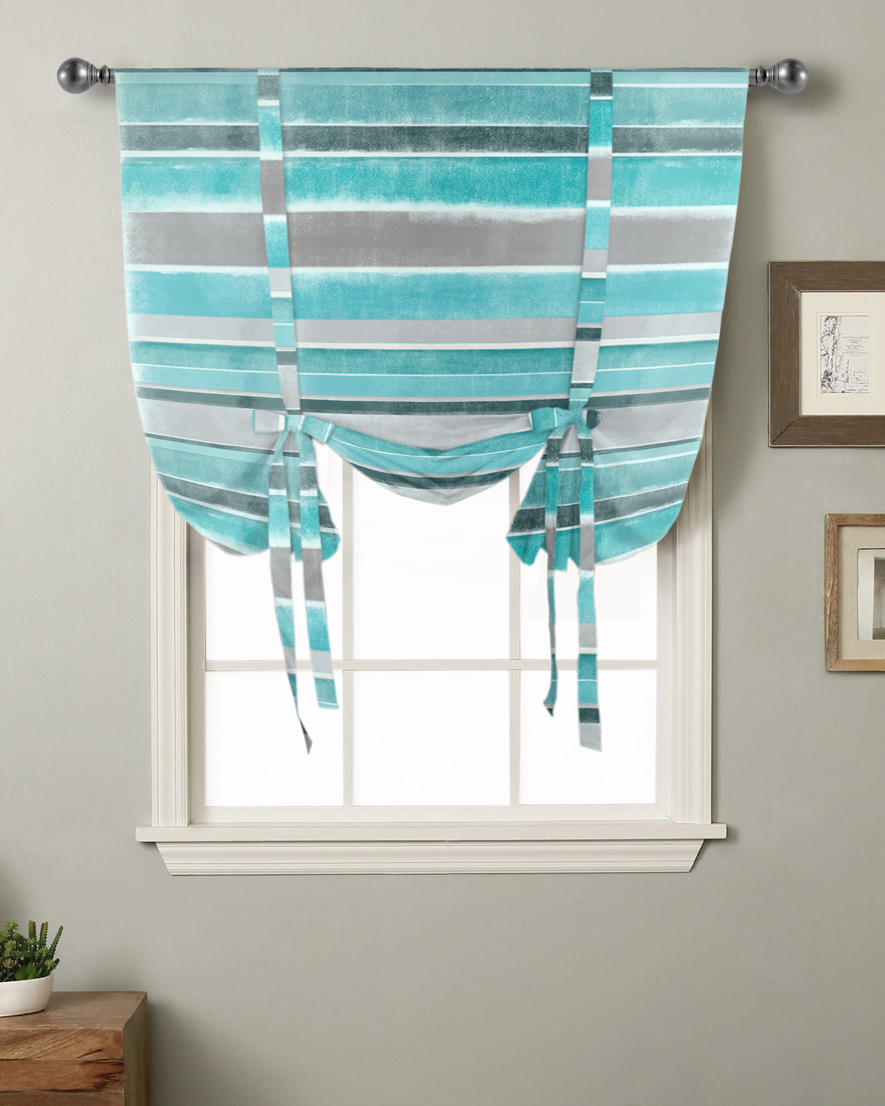 Nordic Striped Textured Turquoise Kitchen Short Window Curtain Rod ...