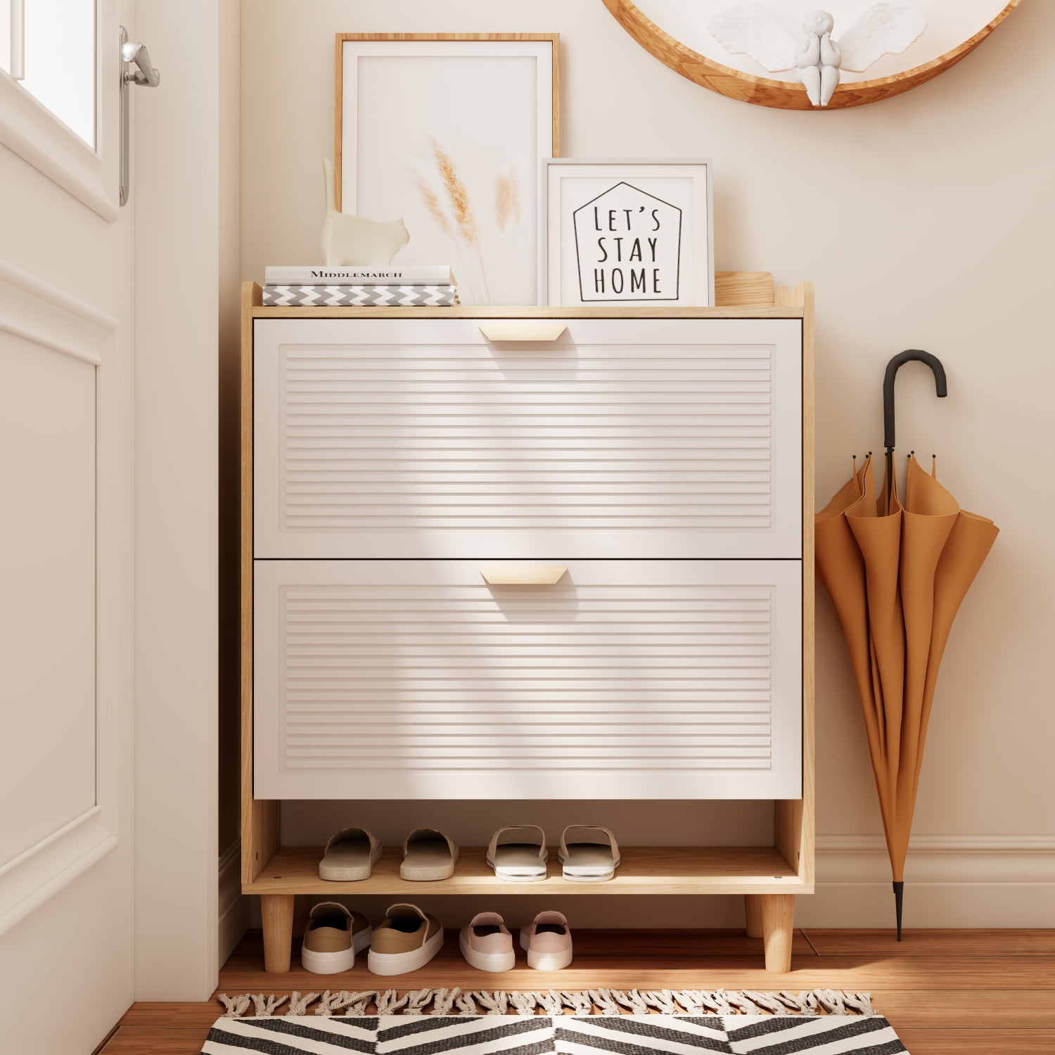Nordic Style 31.5-Inch Shoe Storage Cabinet with 2 Flip Drawers ...