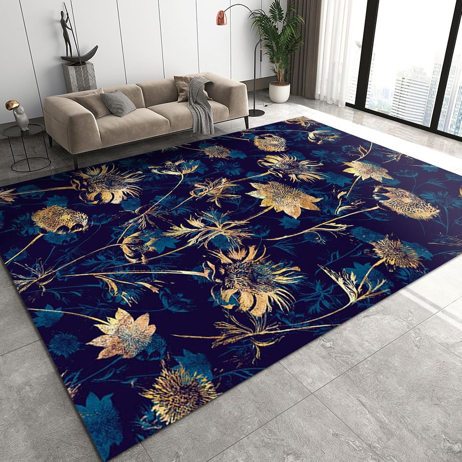 Nordic Style Area Rug, Gold Blue Watercolor Flower Painting Indoor ...