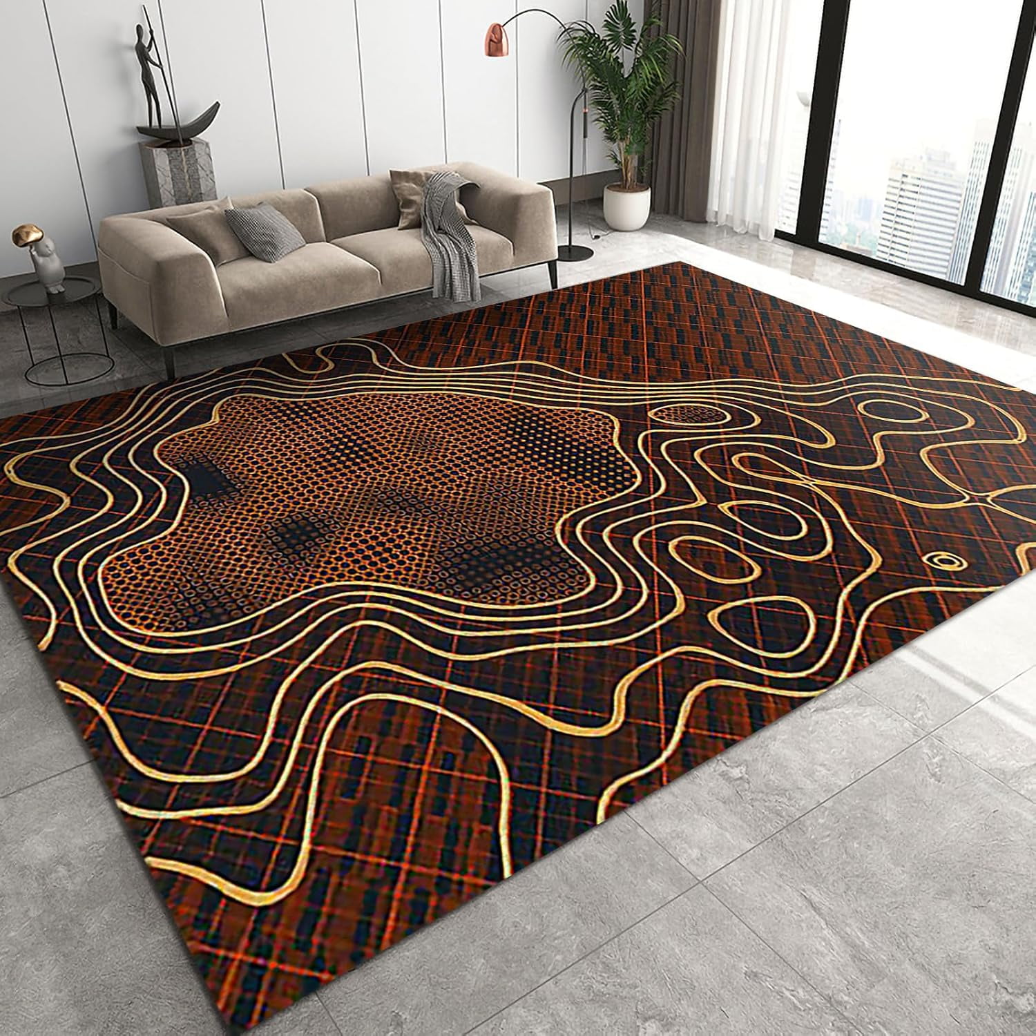 Nordic Style Area Rugs, Golden Abstract Mountain Range Texture Floor ...