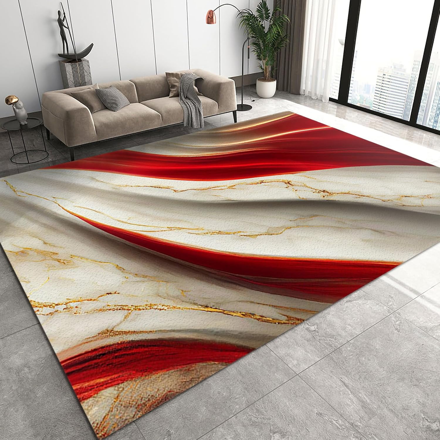 Nordic Style Area Rugs, Red White Abstract Marble Outdoor Carpet ...