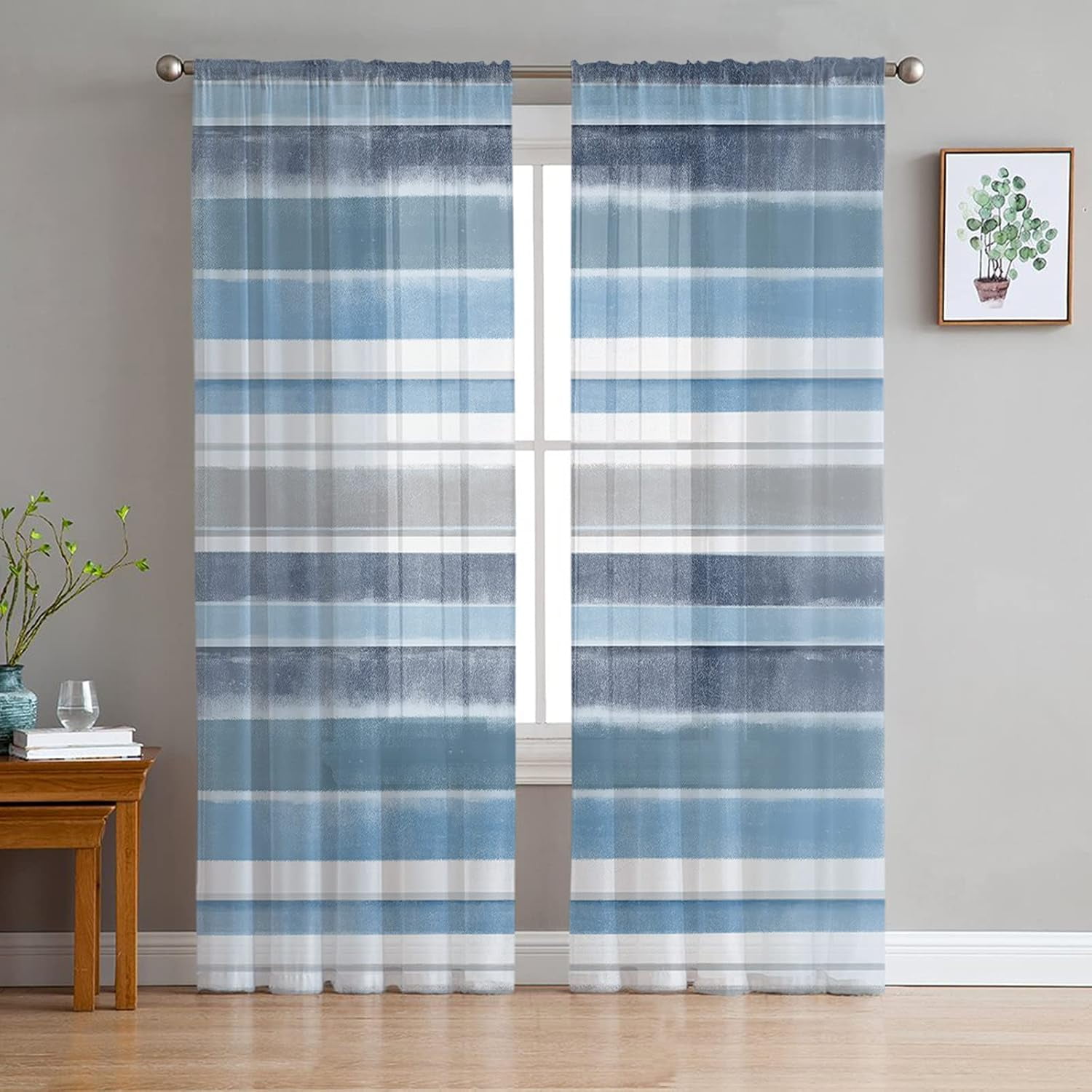 Nordic Style Blue Stripes Sheer Curtains 96 Inch Length 2 Panels Set, Painting Blue Grey Ombre ...