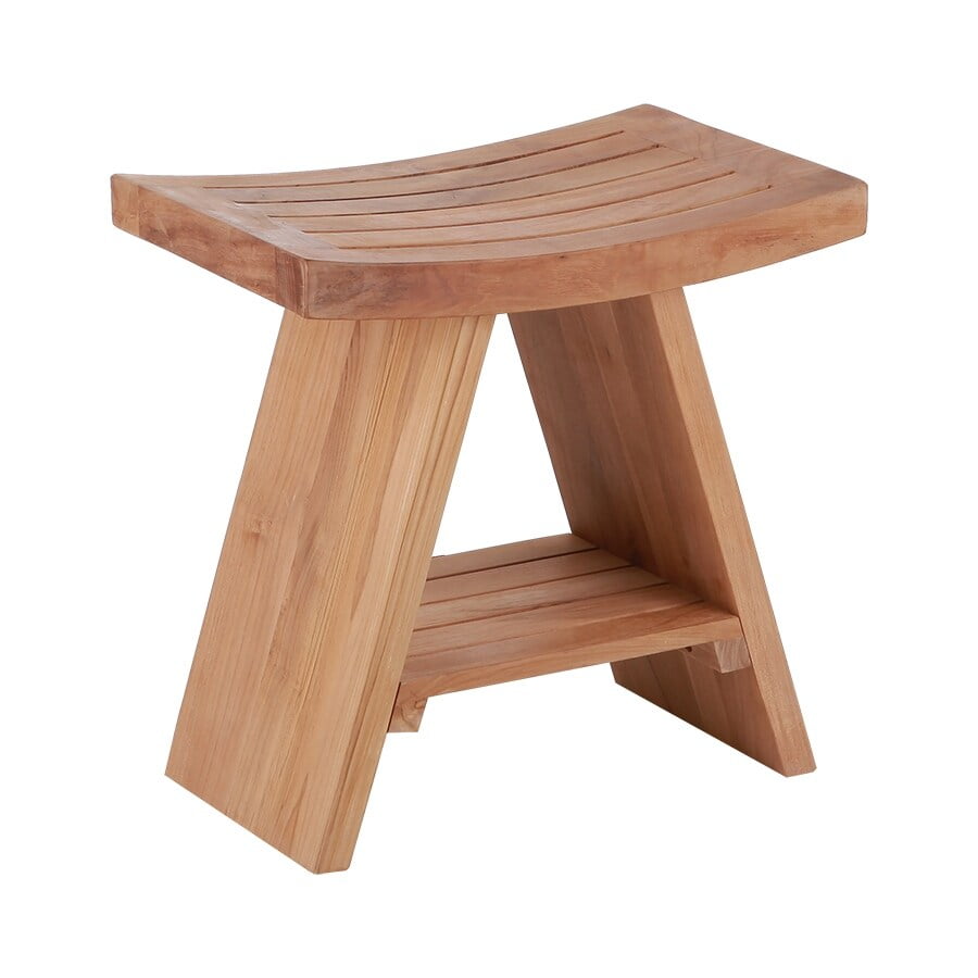 Nordic Teak Natural Shower and Bath Stool with Curved Seat and Shelf ...