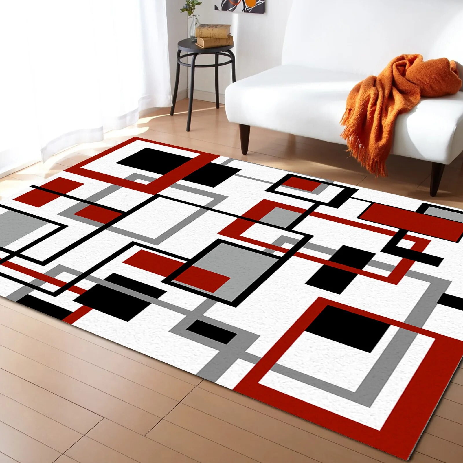 Nordic Style Retro Geometric Abstract Red Carpet Area Rug Kids Room ...