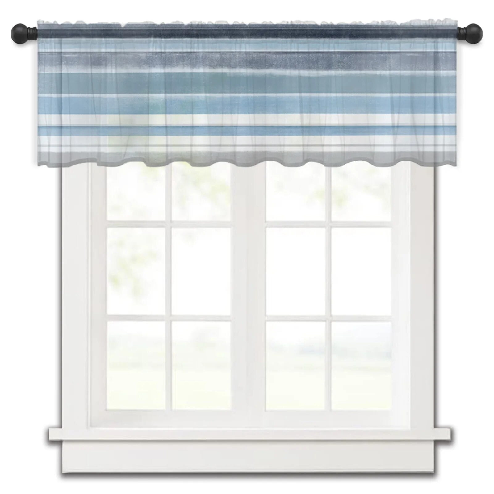 Nordic Style Striped Texture Blue Rod Pocket Short Curtain Half-Curtain ...