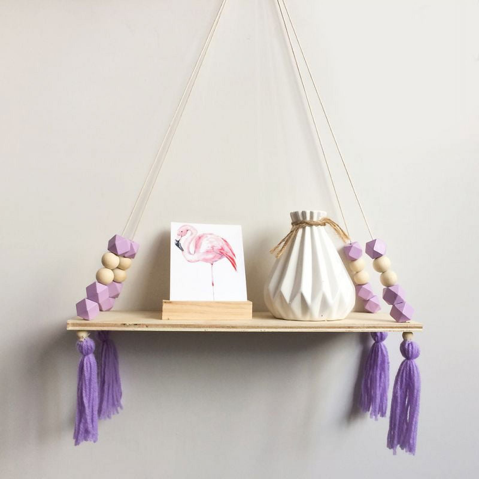 Nordic Style Wooden Bead Tassels Storage Rack Wall Rope Hanging Shelf ...