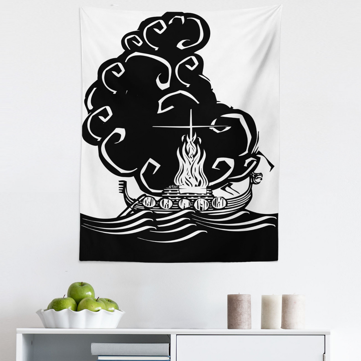 Nordic Tapestry, Abstract Art of a Viking Chief Being Burned on a ...