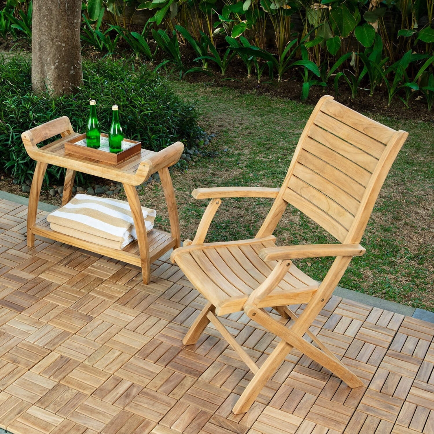 Nordic Teak Natural Outdoor Patio Folding Chair with Arm Rests - Beige ...