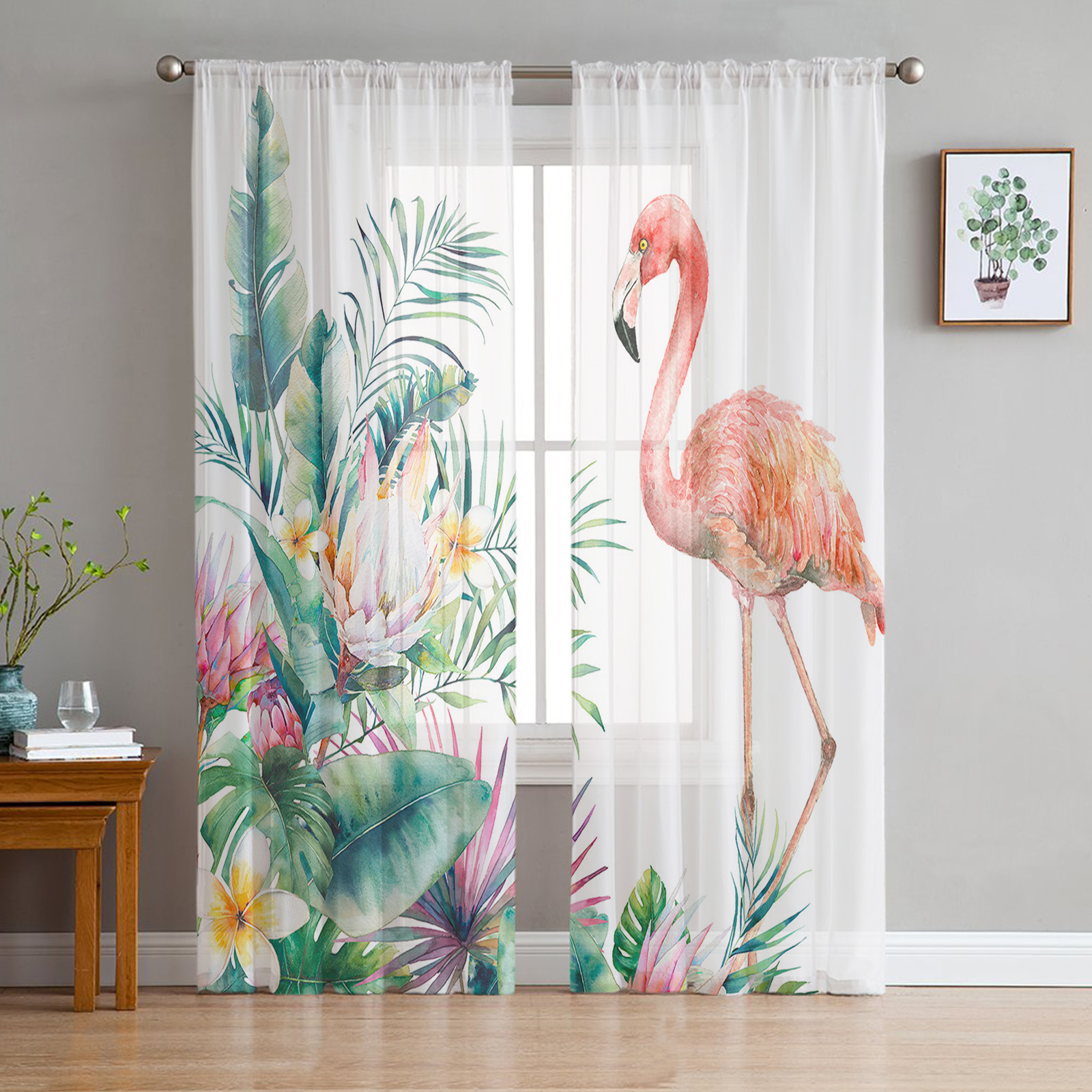 Nordic Tropical Green Plant a Leaves Tulle Window Treatment Sheer Voile ...