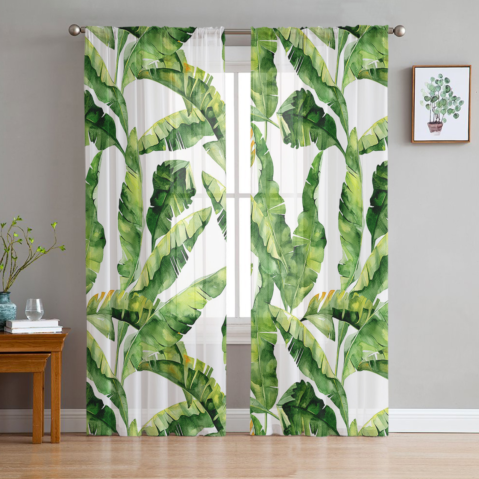 Nordic Tropical Green Plant a Leaves Tulle Window Treatment Sheer Voile ...