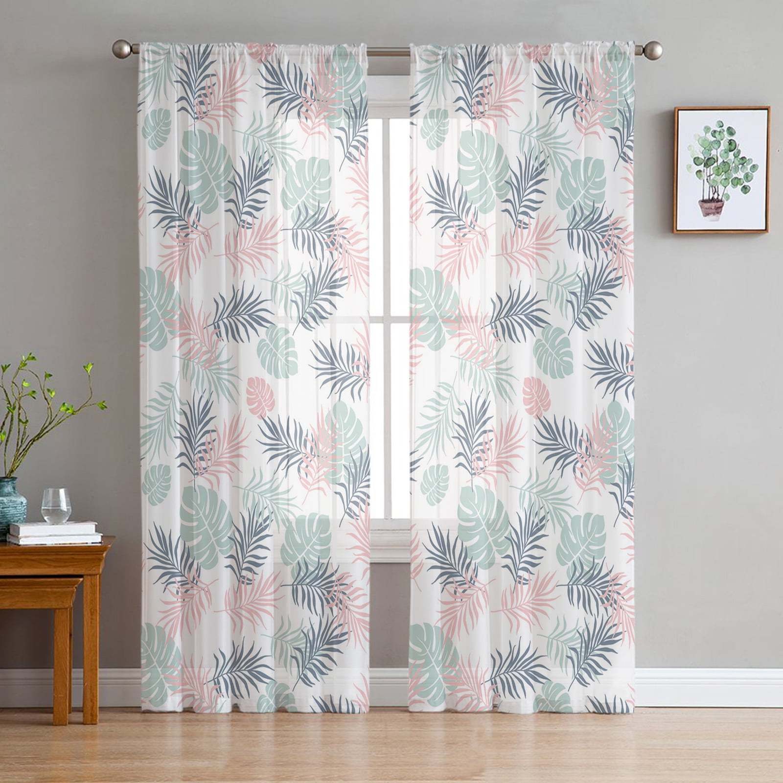 Nordic Tropical Green Plant a Leaves Tulle Window Treatment Sheer Voile ...