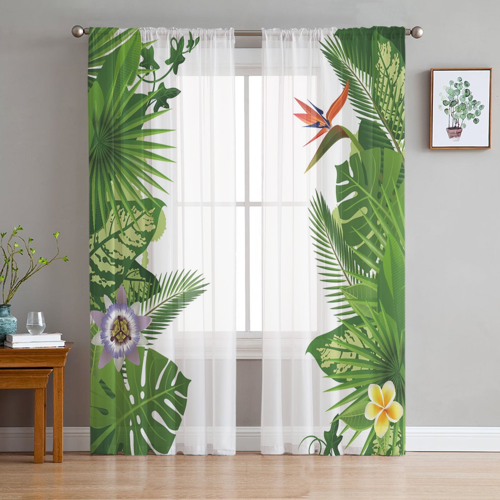 Nordic Tropical Green Plant a Leaves Tulle Window Treatment Sheer Voile ...