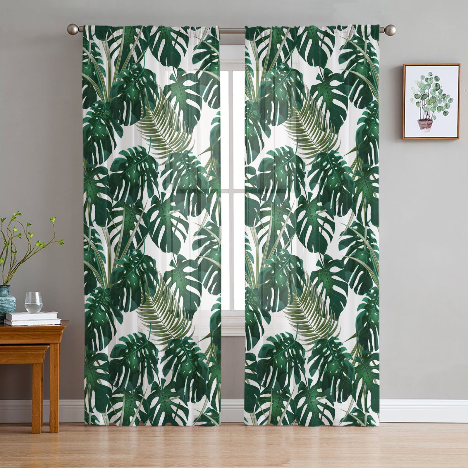 Nordic Tropical Green Plant a Leaves Tulle Window Treatment Sheer Voile ...