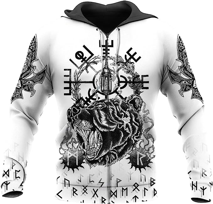 Nordic Viking Bear Rune Vegvisir Harajuku Sweatshirt Unisex Viking 3D Printed Tattoo Zipper ...
