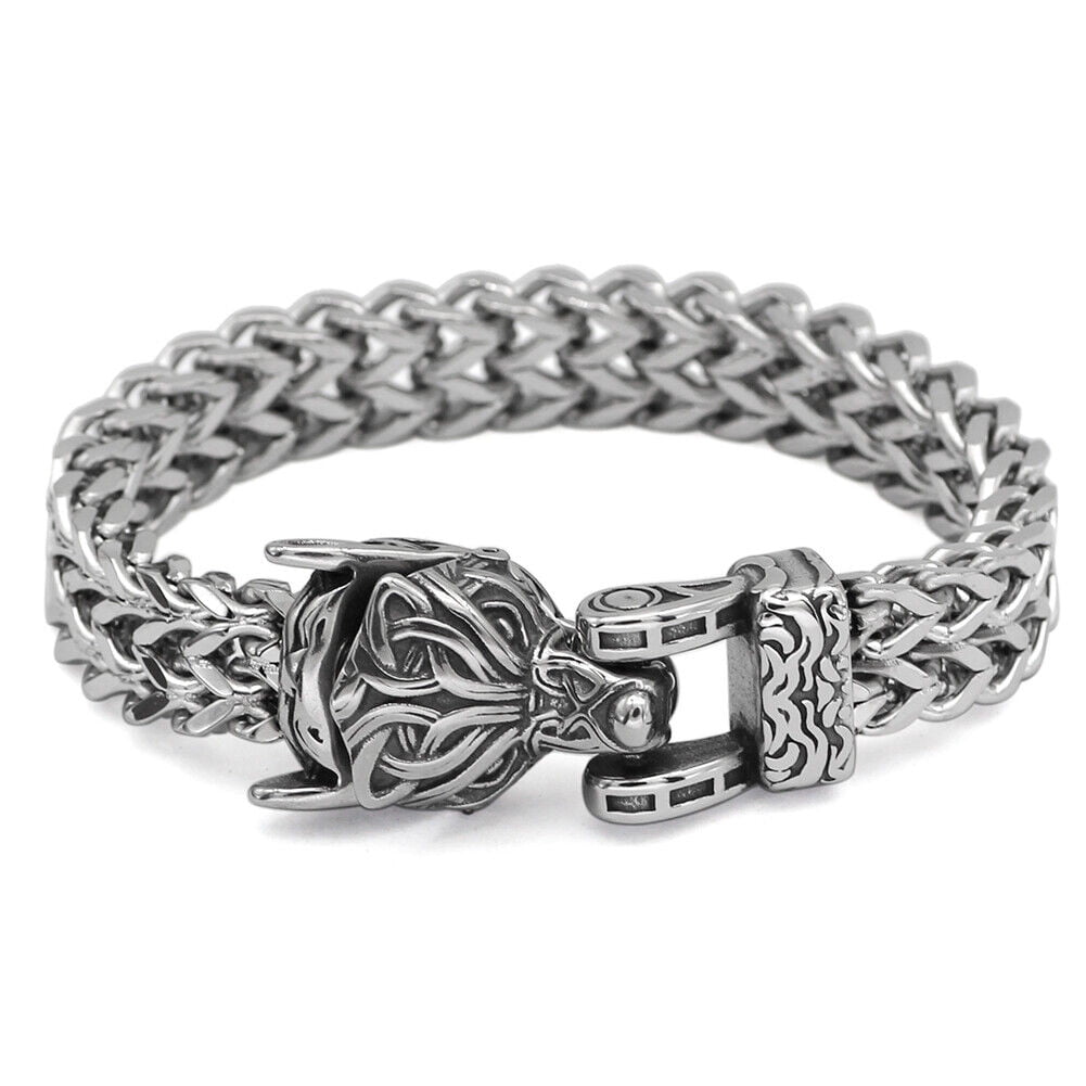 Nordic Viking wolf bracelet men's stainless steel mesh chain openable ...