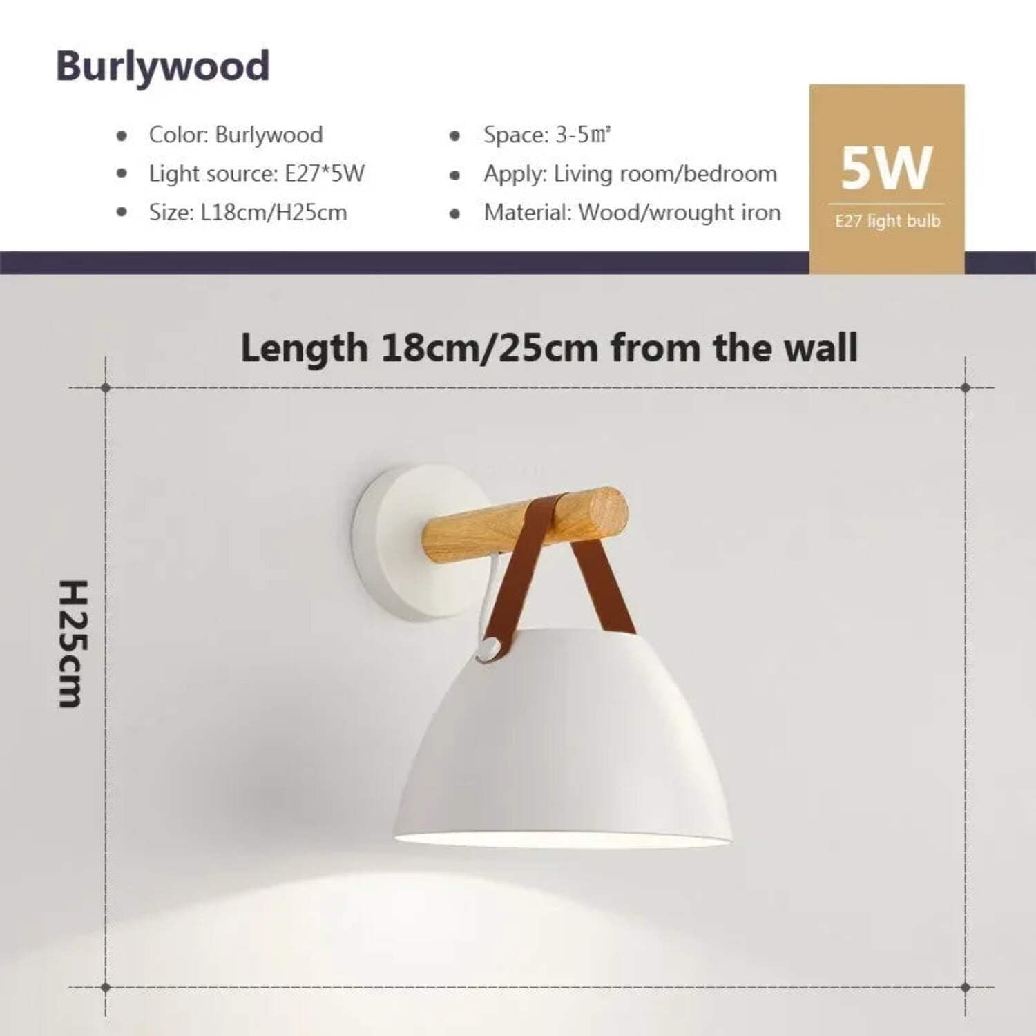 Nordic Wooden LED Wall Lamps Leather Belt Iron Head Hanging Sconces For ...