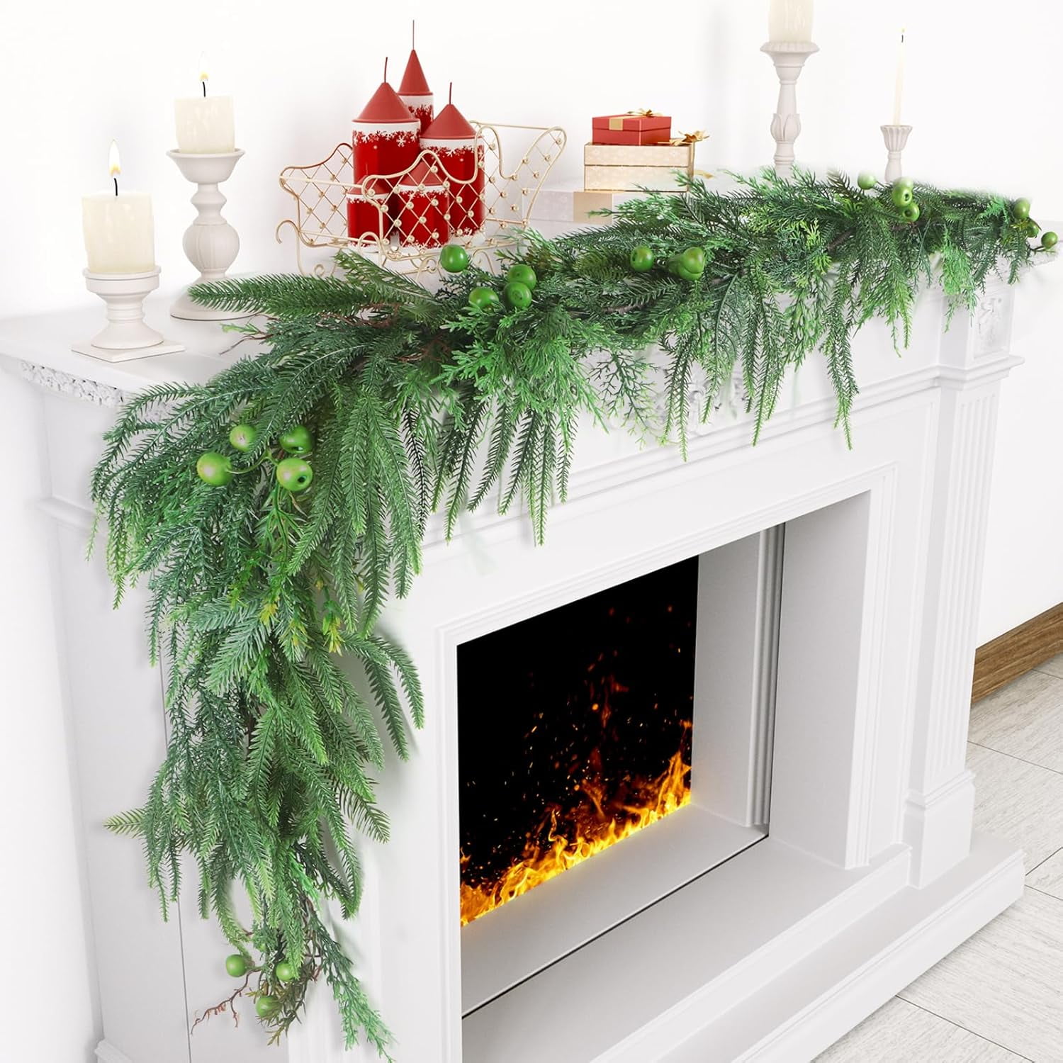 Norfolk Pine Cypress Garlands with Green Berry, 6Ft Artificial Soft Christmas Pine Garland ...