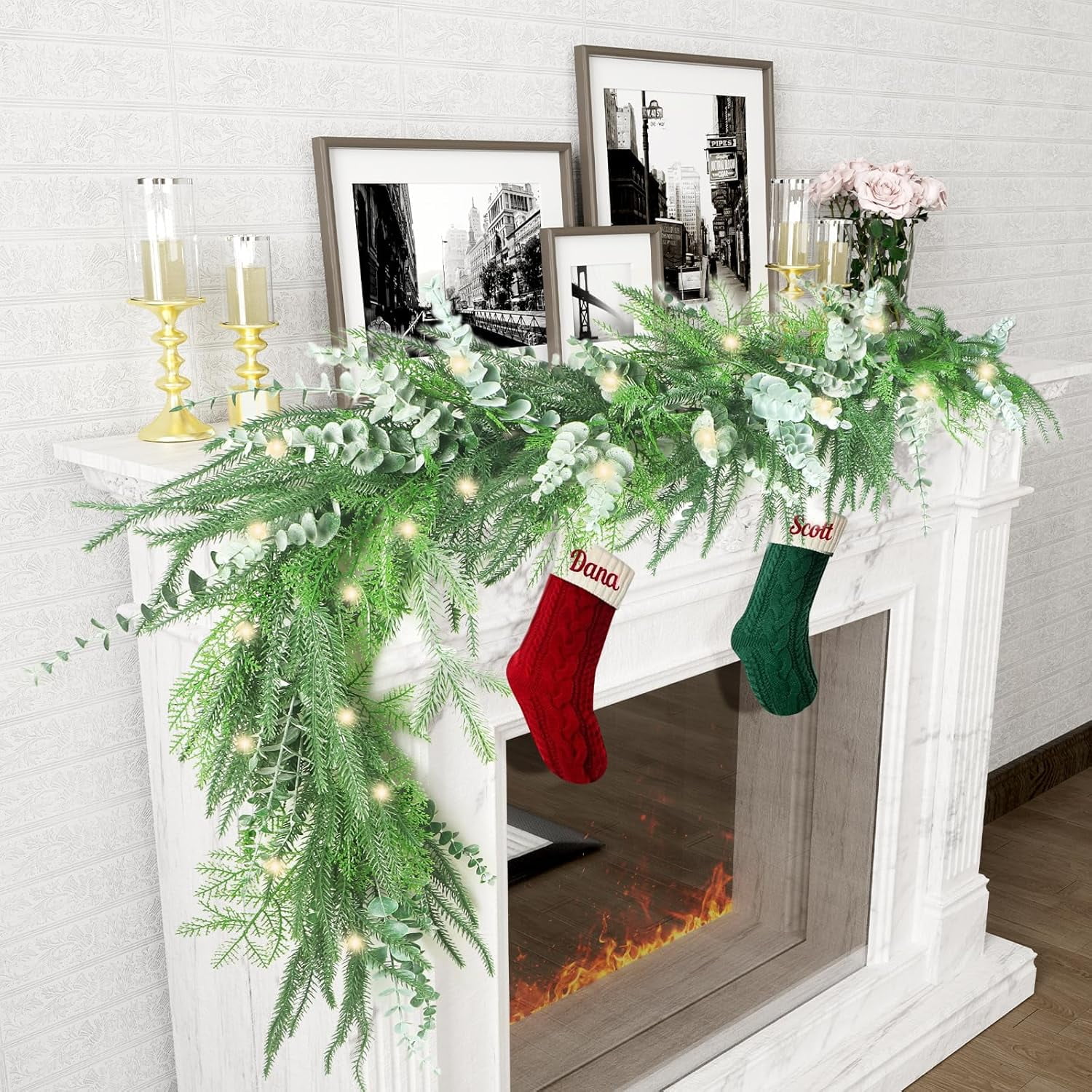 Norfolk Pine Eucalyptus Garlands with Light String, 6Ft Artificial Christmas Pine Garland, Real ...