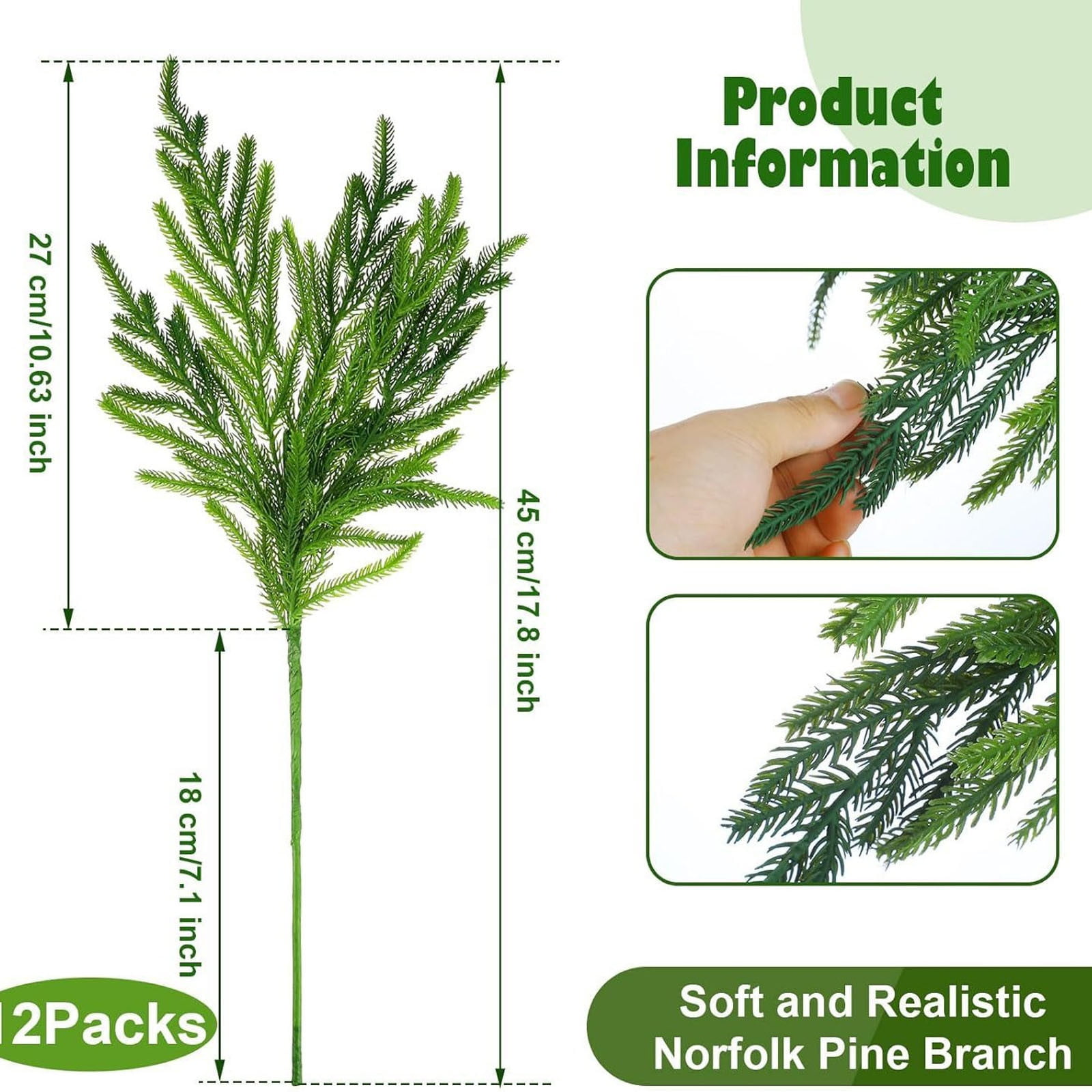 Norfolk Pine Stems, Real Touch Norfolk Pine Stems, 12Pcs 18 Inch Faux ...