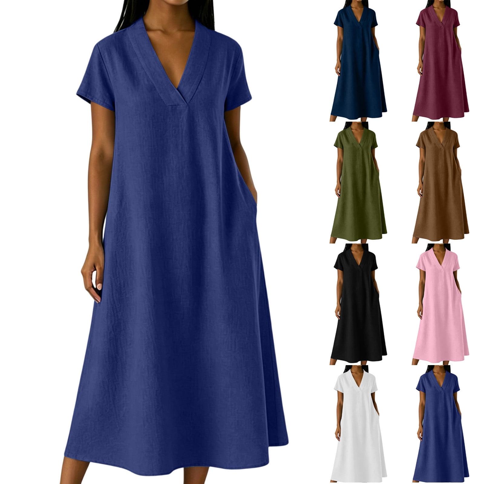 Noric Women's Cotton Short Sleeve Midi Dresses Casual Loose Fit A-Line ...
