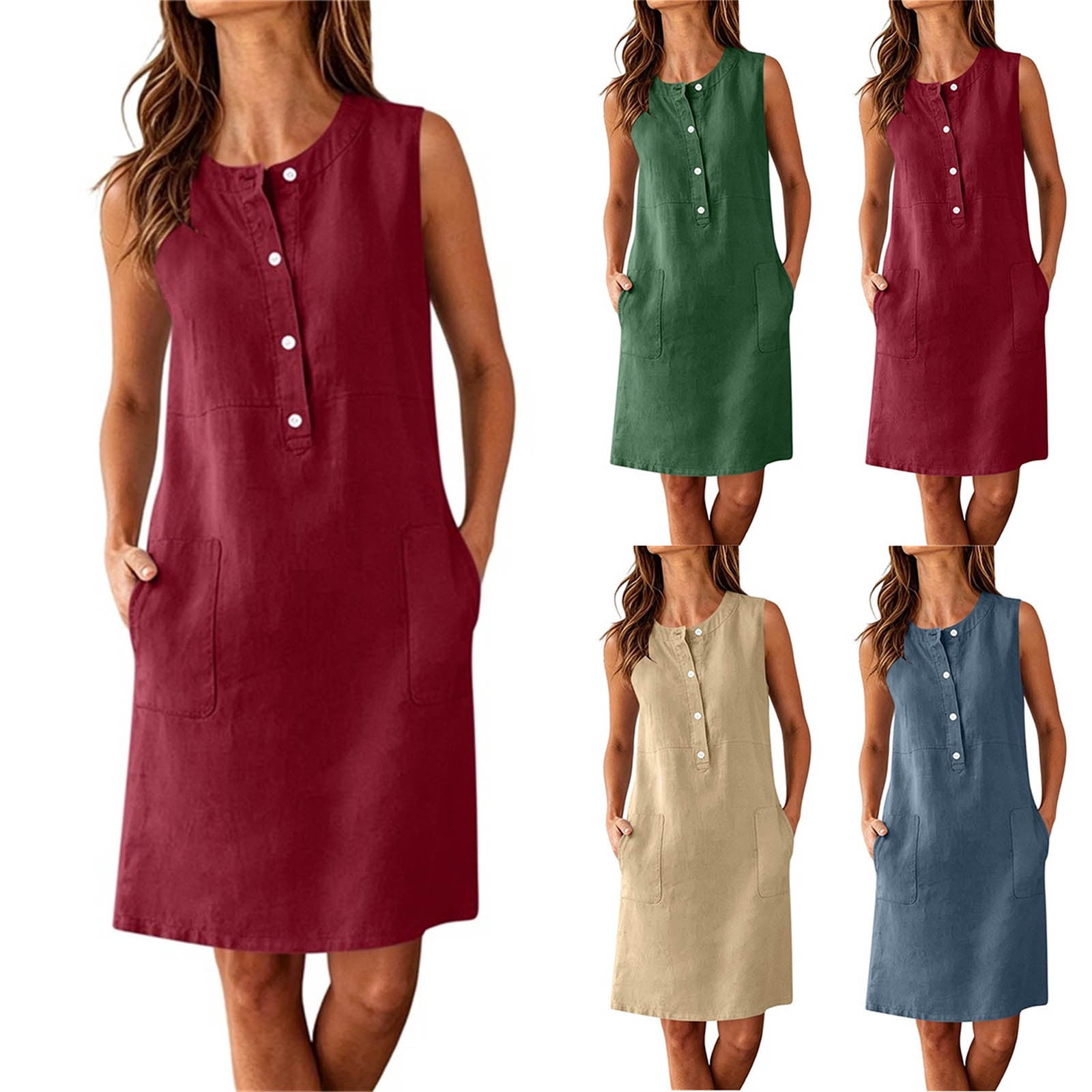 Noric Women's Cotton Sleeveless Henley Dresses Casual Crew Neck Midi ...