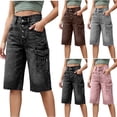 Noric Women's High Waisted Denim Bermuda Capri Button Fly Zipper ...