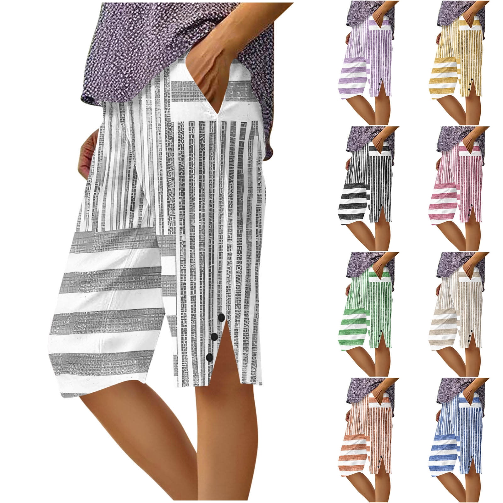 Noric Women's Summer Printed Bermuda Shorts Loose Fit Straight Leg Side ...