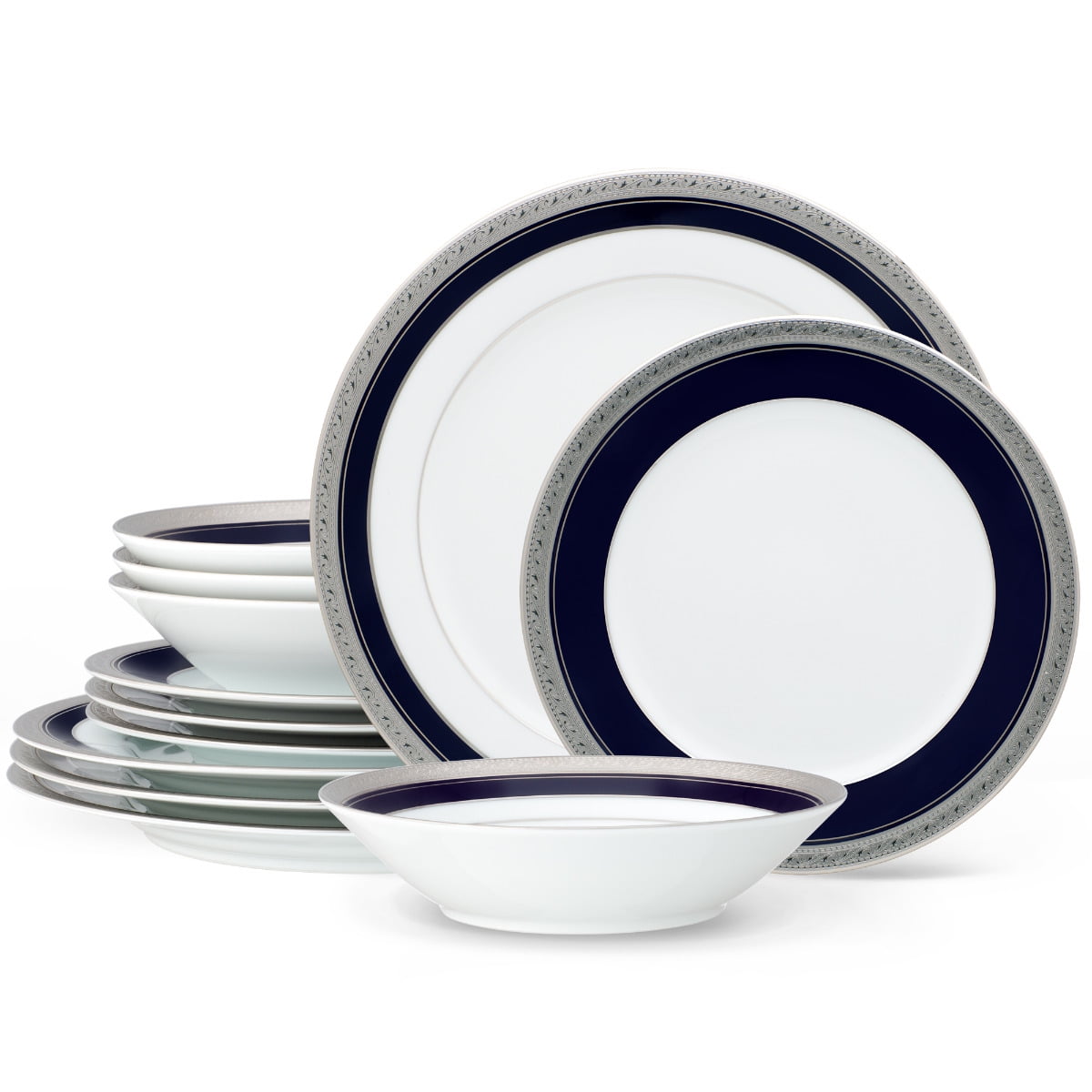 Noritake Crestwood Cobalt Platinum 12-Piece Dinnerware Set, Service for ...