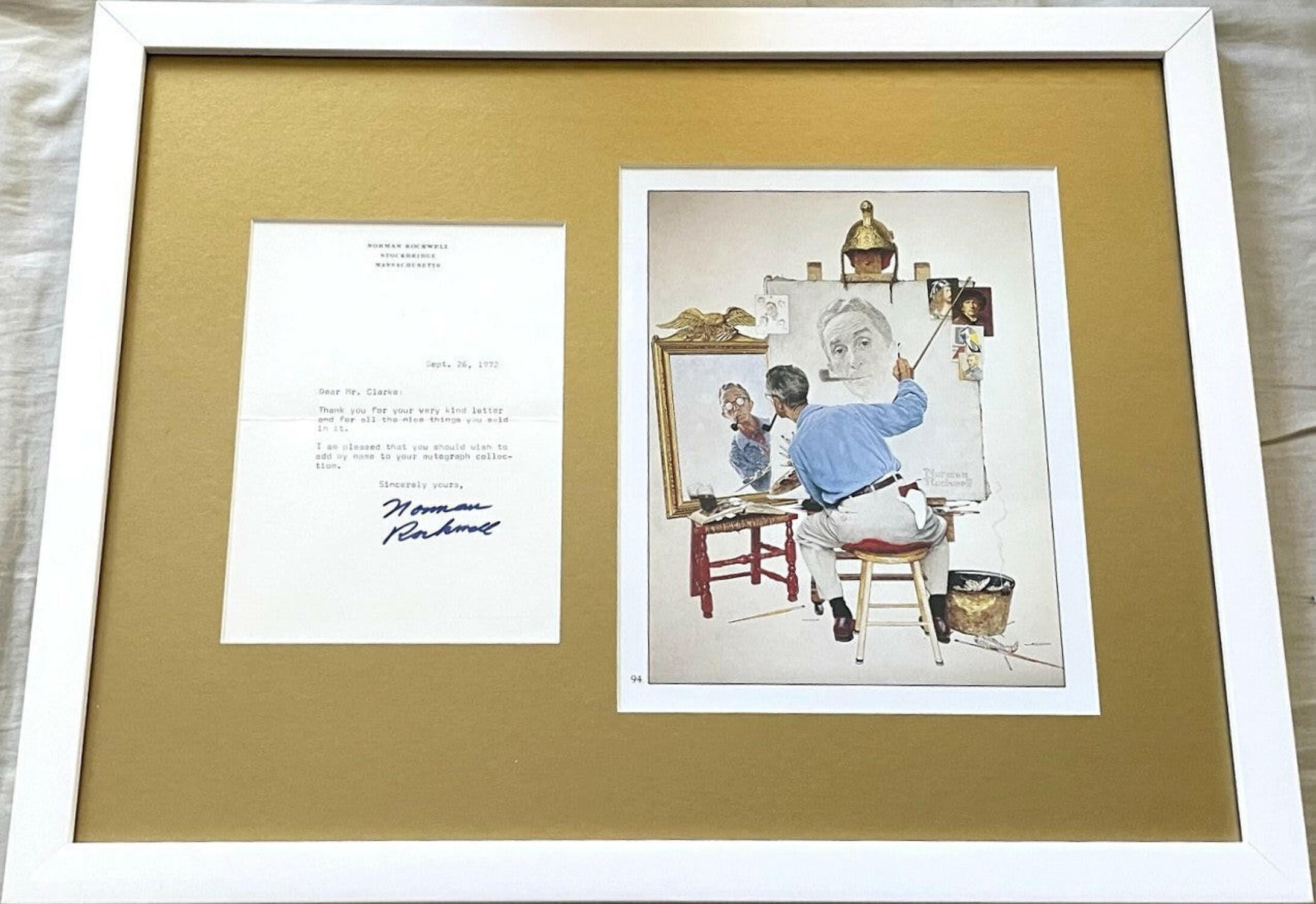Norman Rockwell autographed 1972 letter framed with 8x10 self portrait ...
