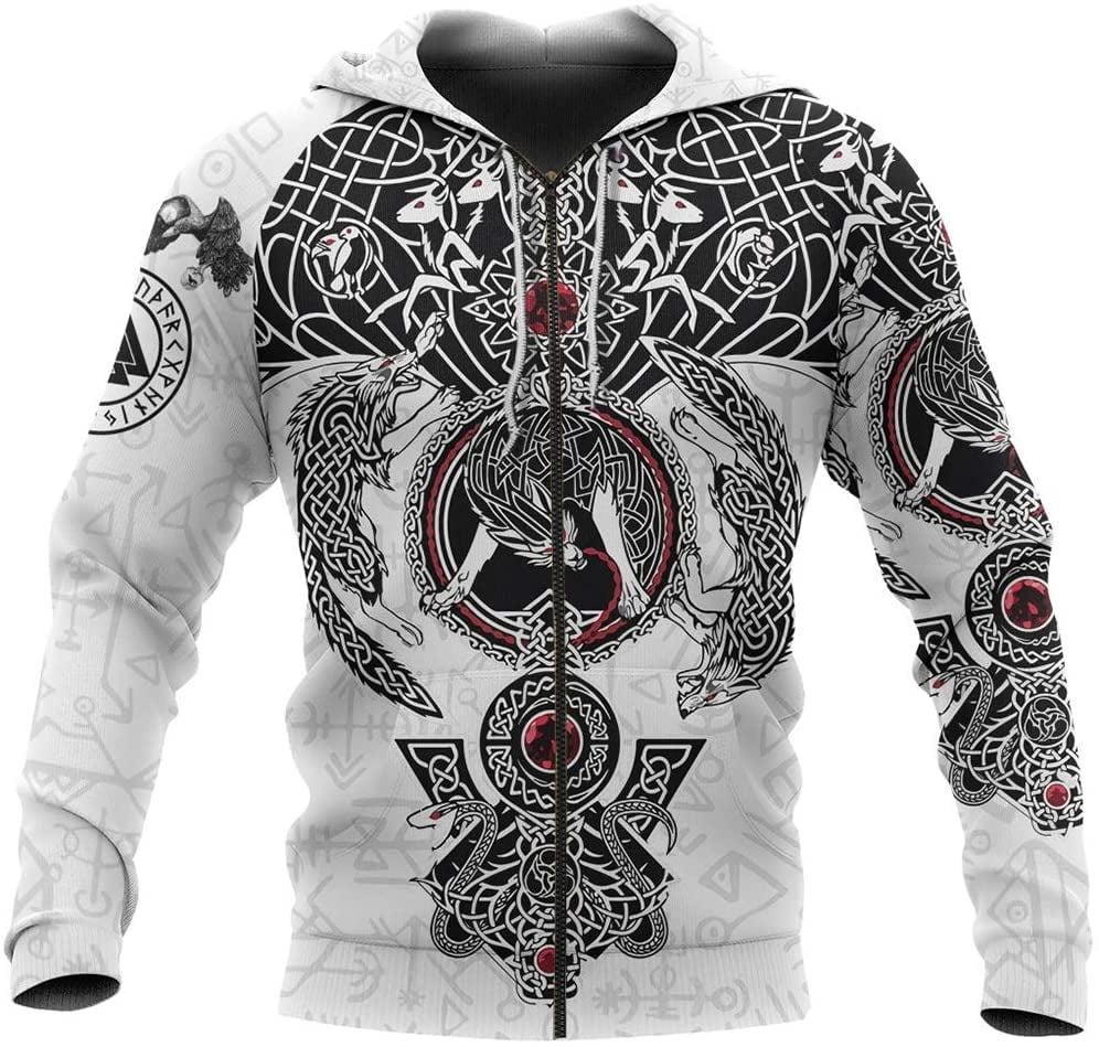 Norse Mythology Valknut Tattoos Men's Viking Zip Hoodie, Odin Symbol Celtic Wolf Totem Crew Neck ...