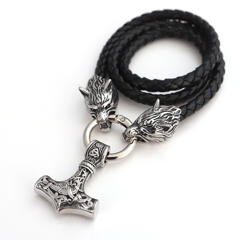 Norse Odin Thor Hammer Pendant- Double Wolf Head Leather Rope Necklace ...