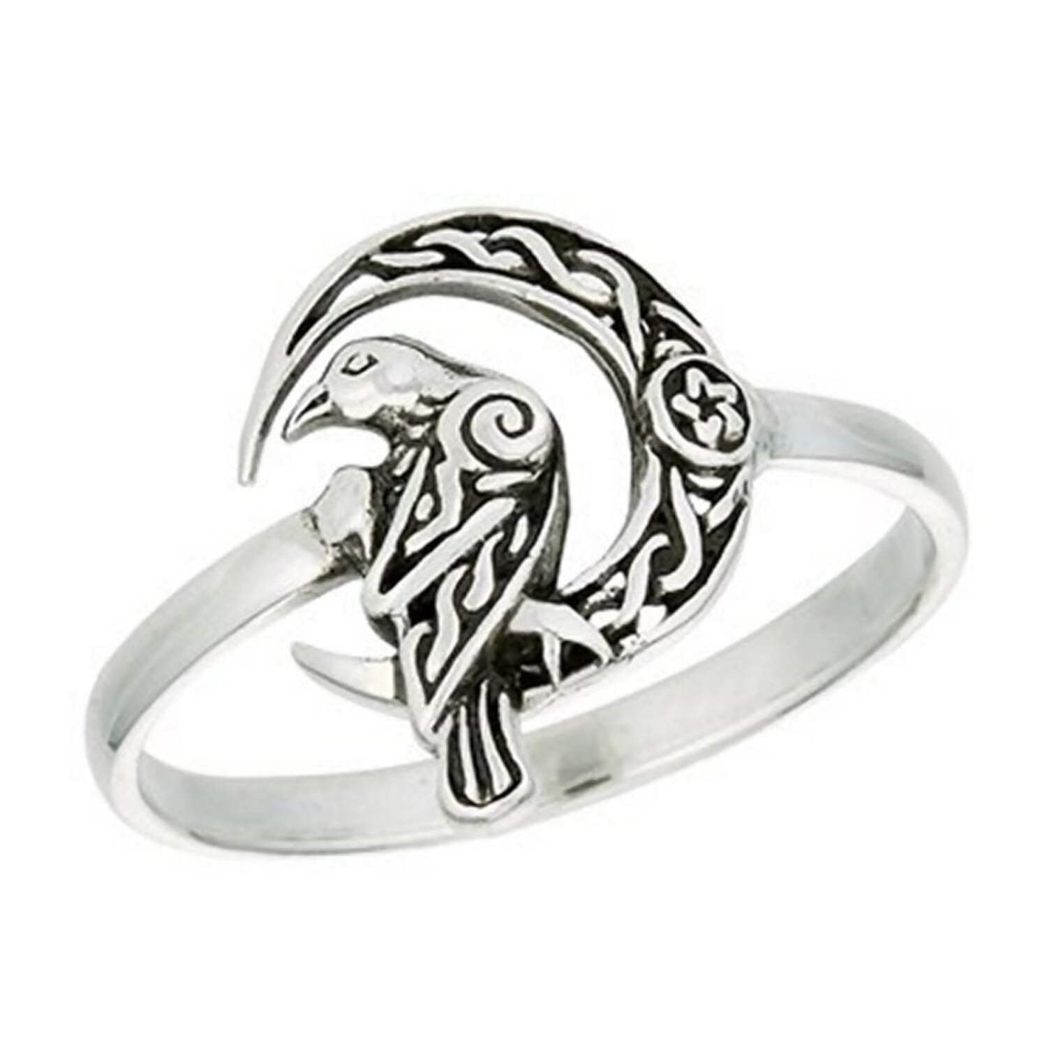 Norse Raven Ring 925 Sterling Silver Celtic Crescent Moon Viking Crow ...
