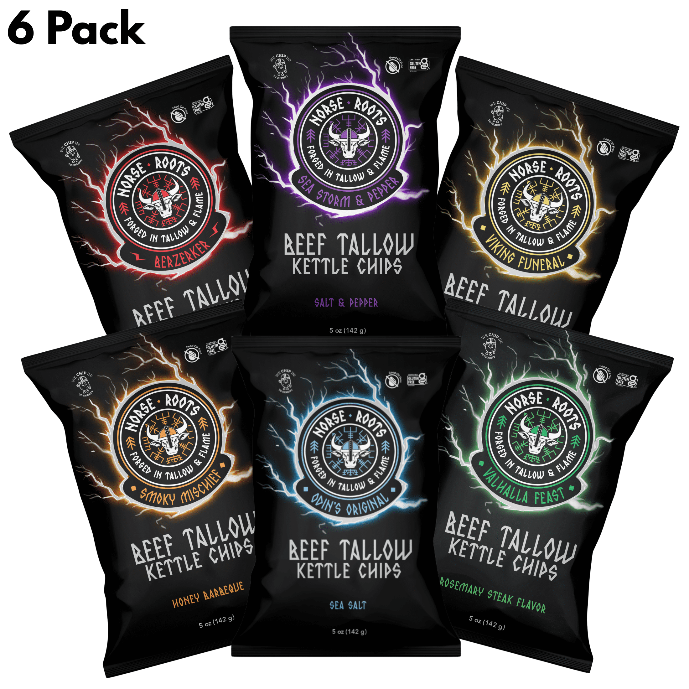Norse Roots Beef Tallow Kettle Chips Variety Pack – 6 Flavors (Sea Salt ...