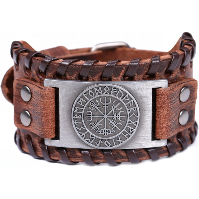 Norse Vikings Runes Amulet Leather Bracelet Icelandic Vegvisir Symbol ...