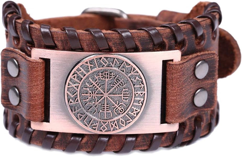Norse Vikings Runes Amulet Leather Bracelet Icelandic Vegvisir Symbol ...