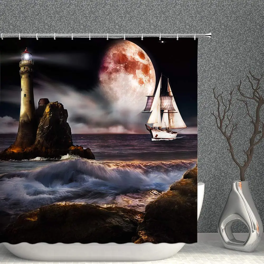 Norse Vikings Ship Shower Curtain Fantasy Boat Art Black and White ...