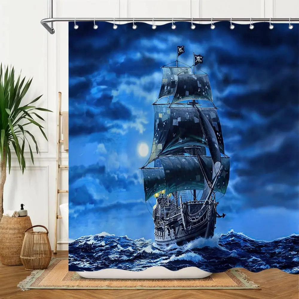 Norse Vikings Ship Shower Curtain Fantasy Boat Art Black and White ...
