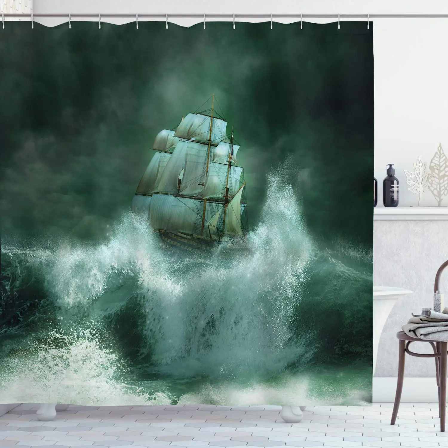 Norse Vikings Ship Shower Curtain Fantasy Boat Art Black and White ...