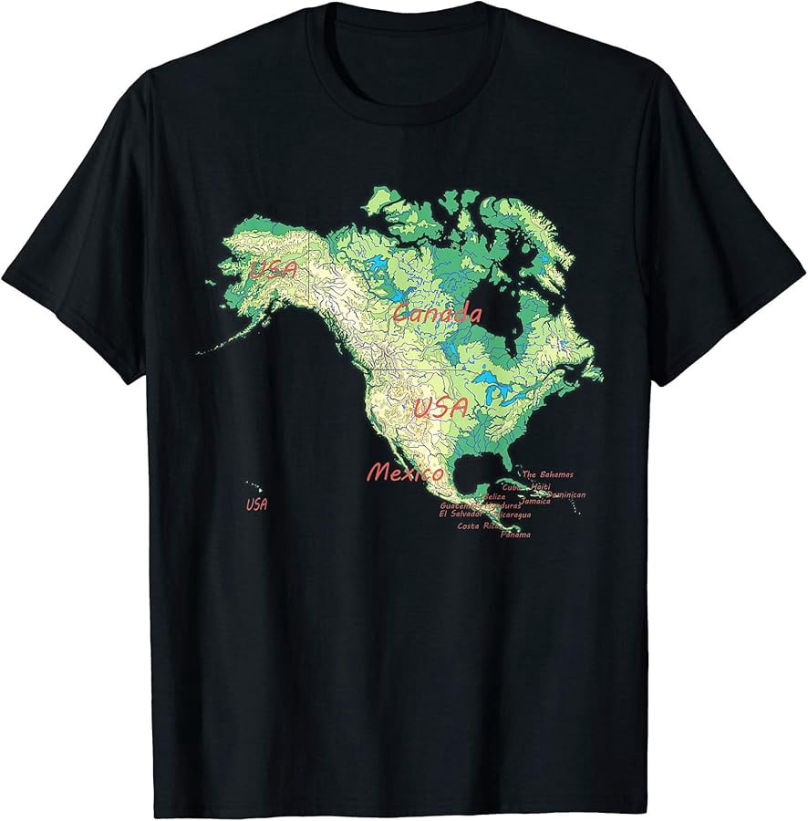 North America Elevation Map United States Canada Mexico T-Shirt ...