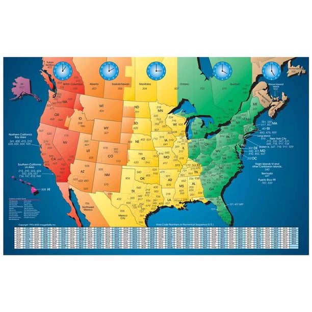 North America Full Color Time Zone Area Code Map, Satin Finish, 31 by ...