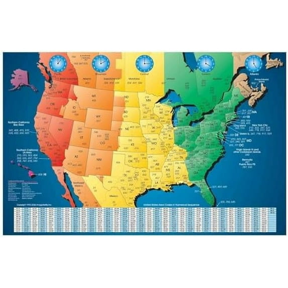 North America Laminated Gloss Time Zone Area Code Map with Reverse ...