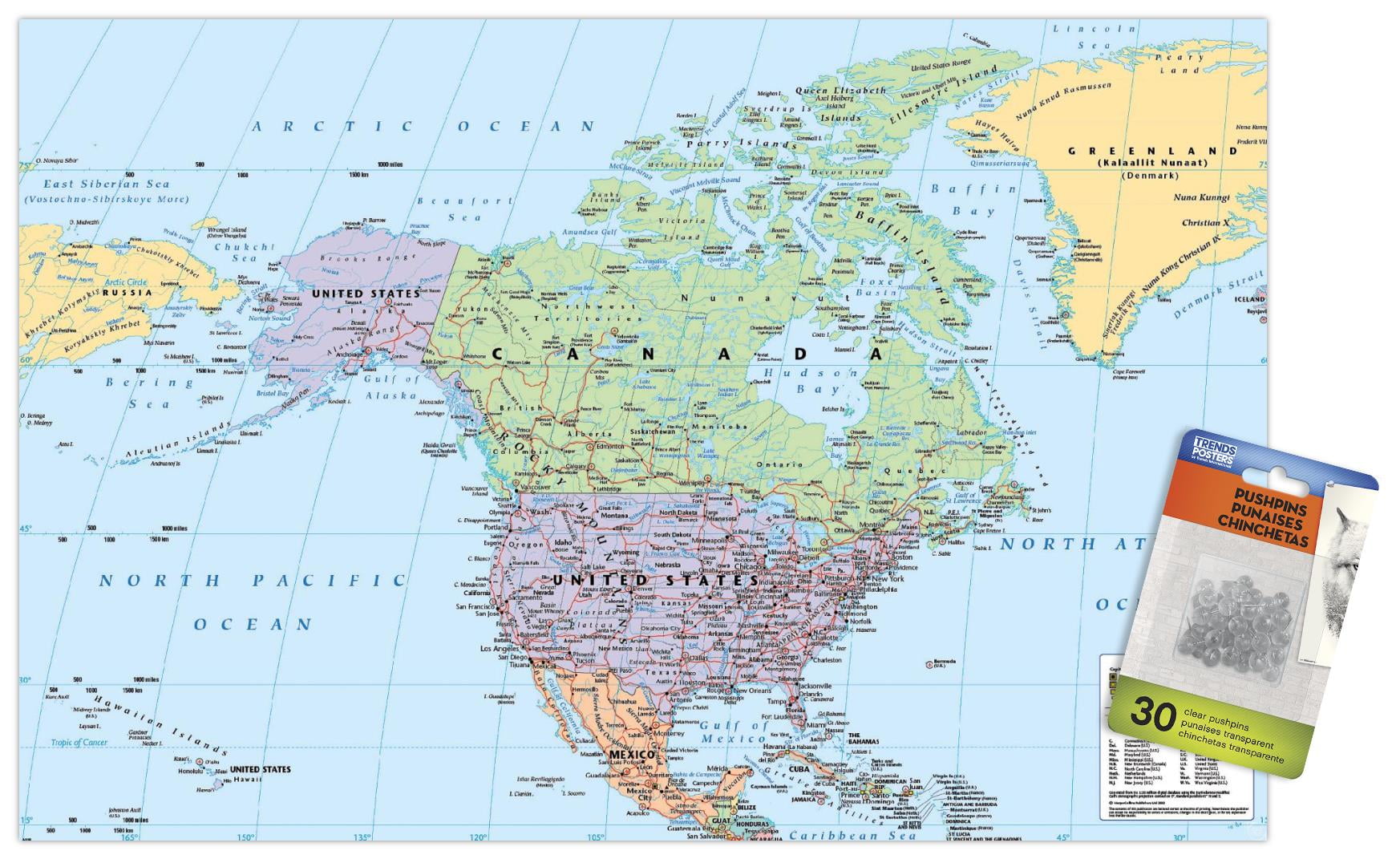 North America Map 2023 Wall Poster with Push Pins, 14.725" x 22.375 ...