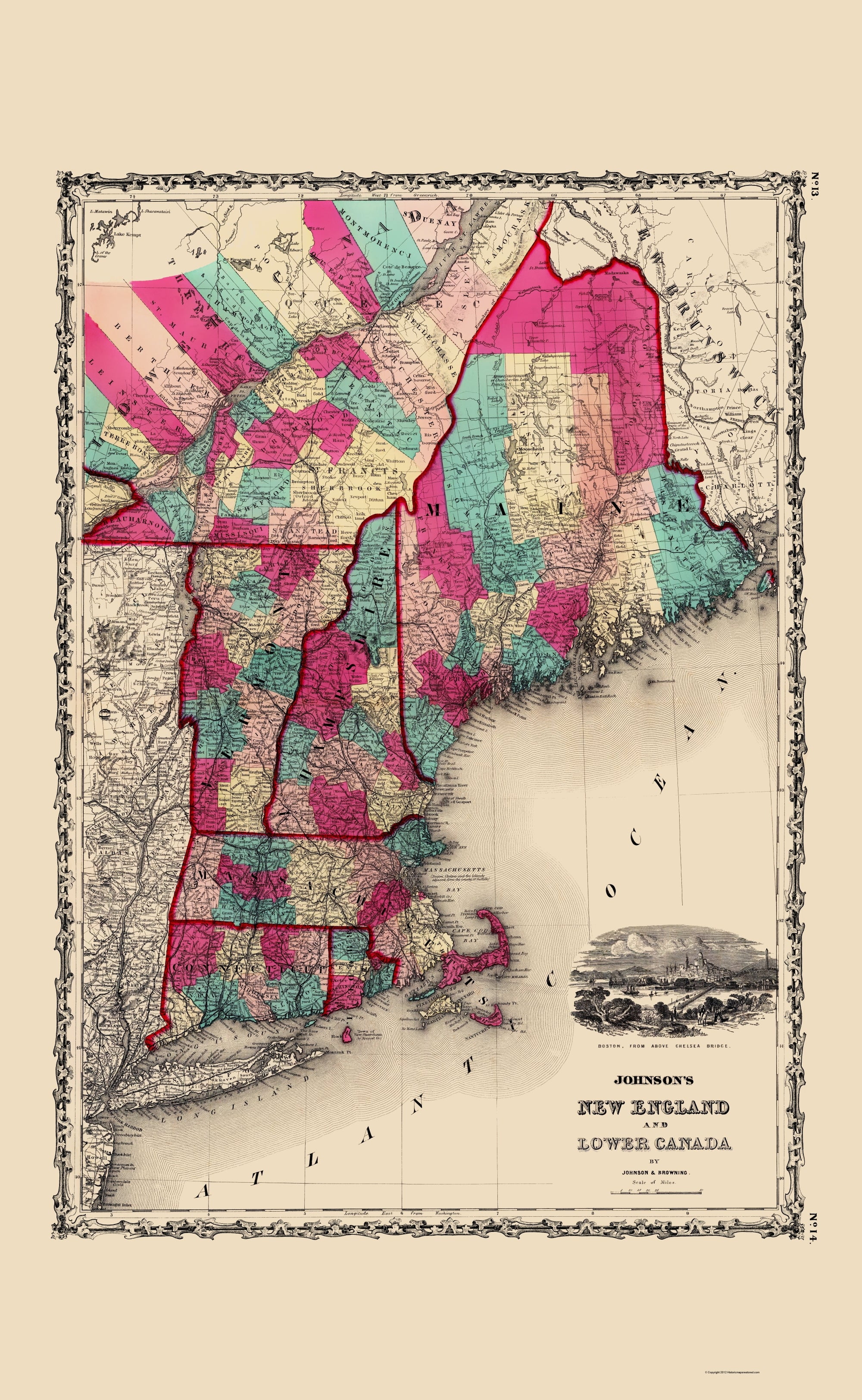 Historic Map - North America New England Canada United States - Johnson ...
