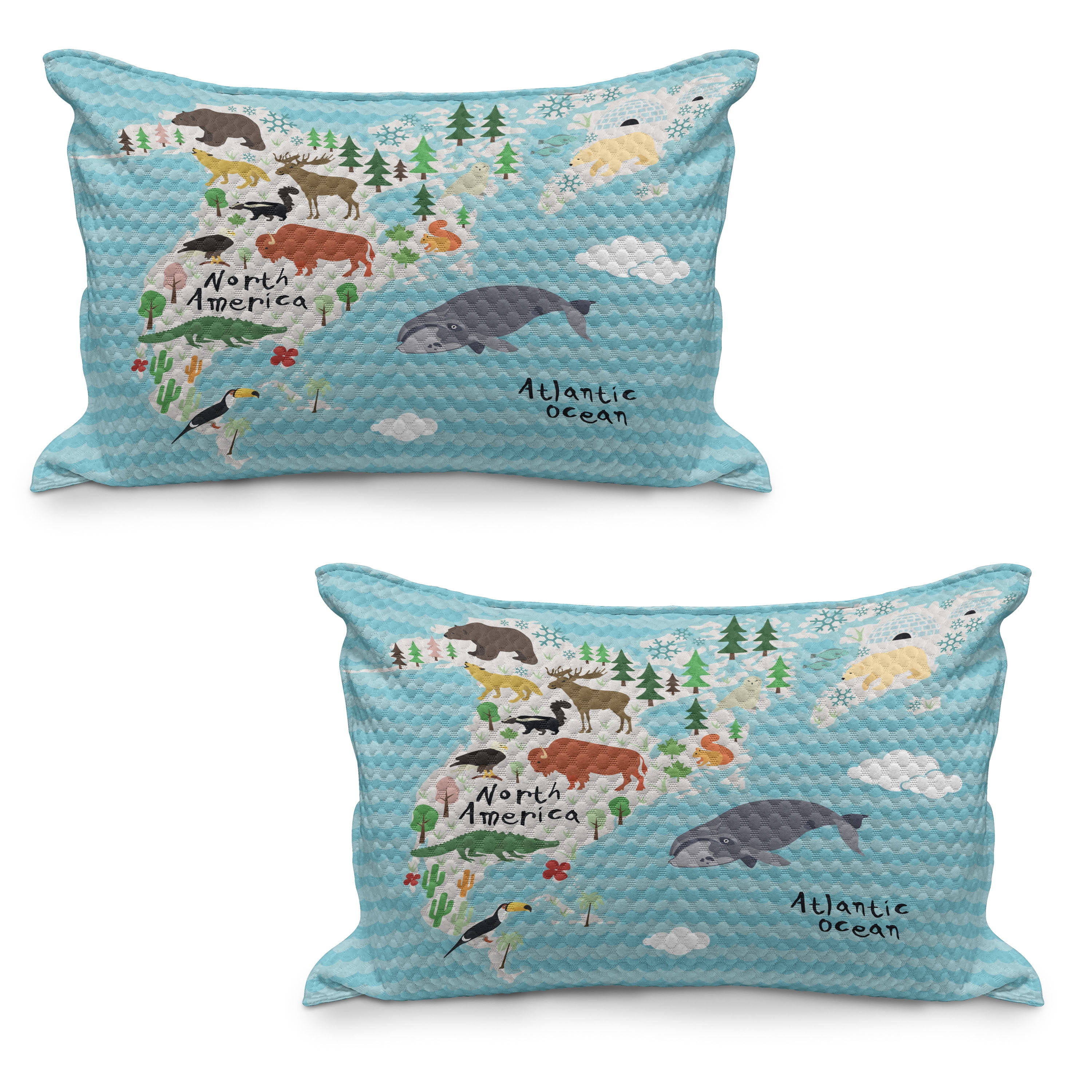 North America Quilted Pillowcover Set of 2, Continent Map with Cartoon ...