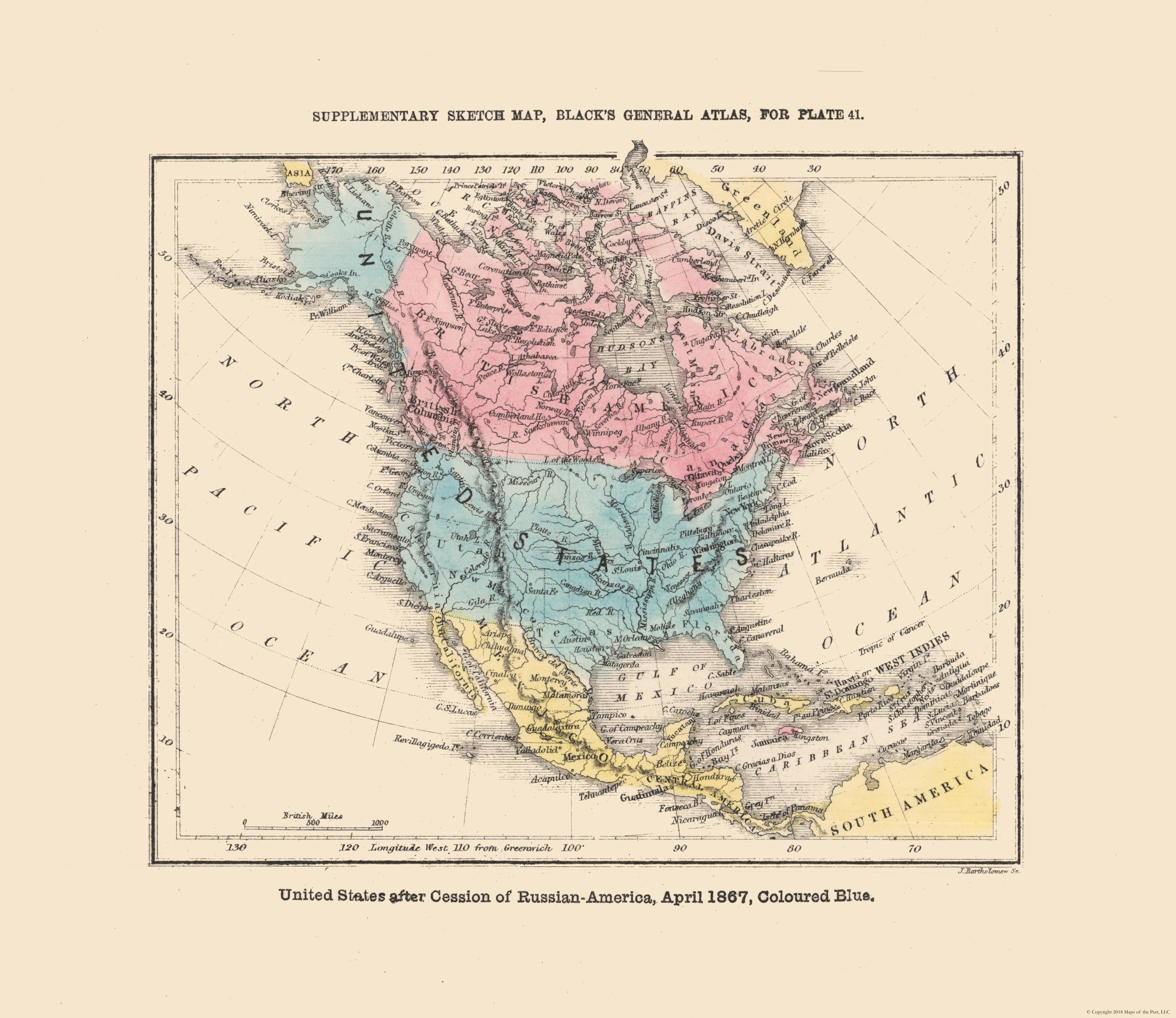 Historic Map - North America United States Mexico Canada - Black 1867 ...