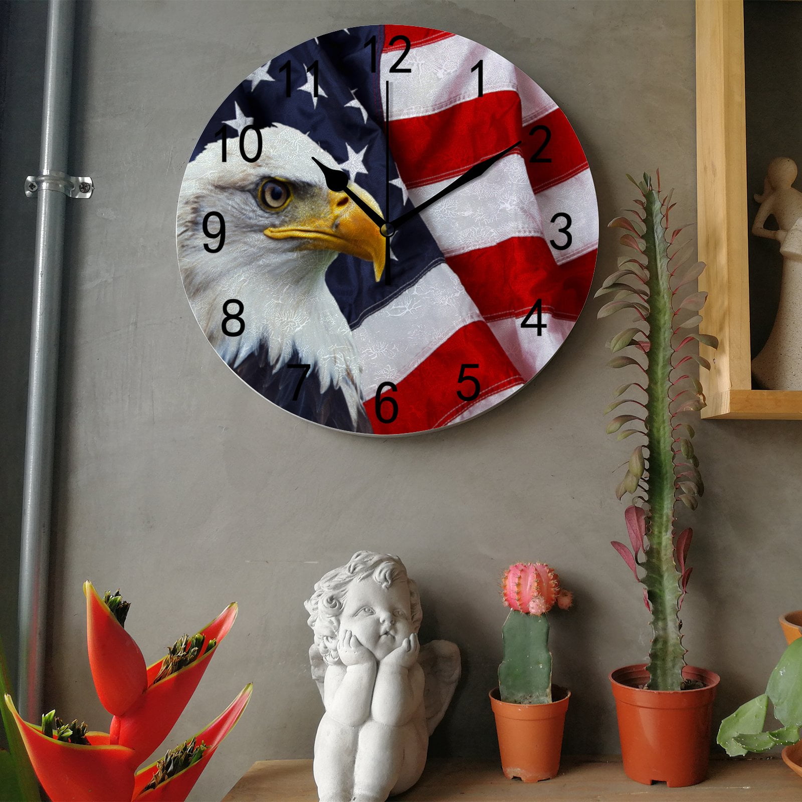 North American Bald Eagle On American Flag Wall Clock, 10 Inch Silent ...