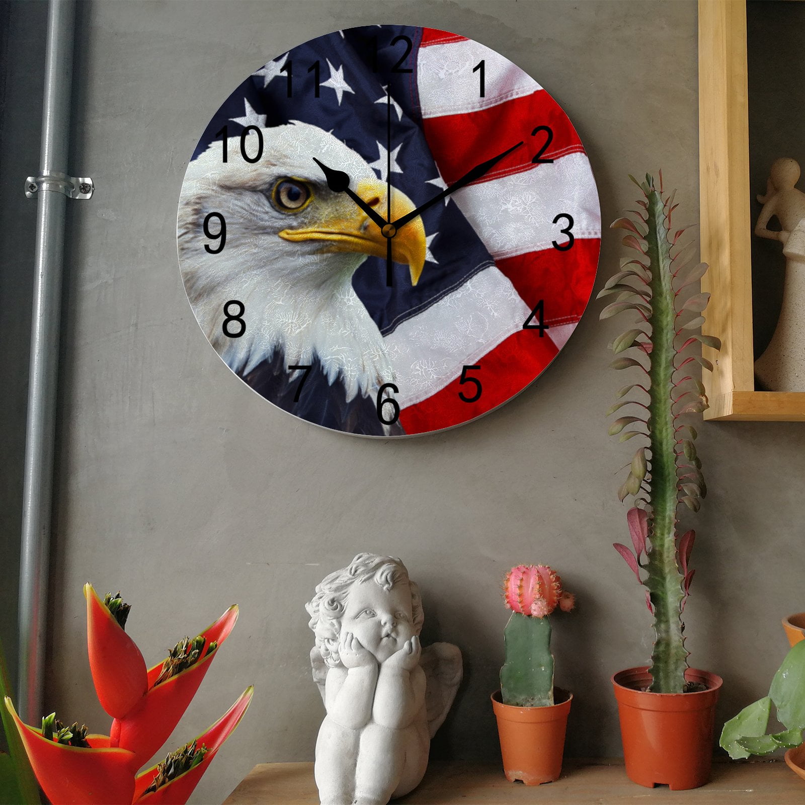 North American Bald Eagle On American Flag Wall Clock, 10 Inch Silent ...