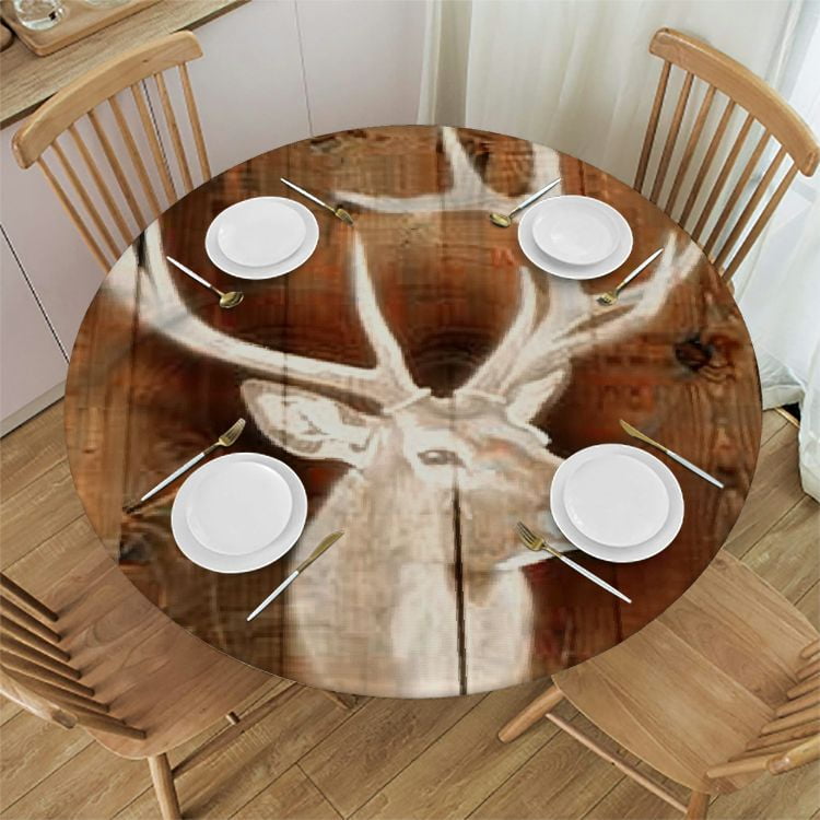North American wild animal deer, round vinyl tabletop cloth with flange ...